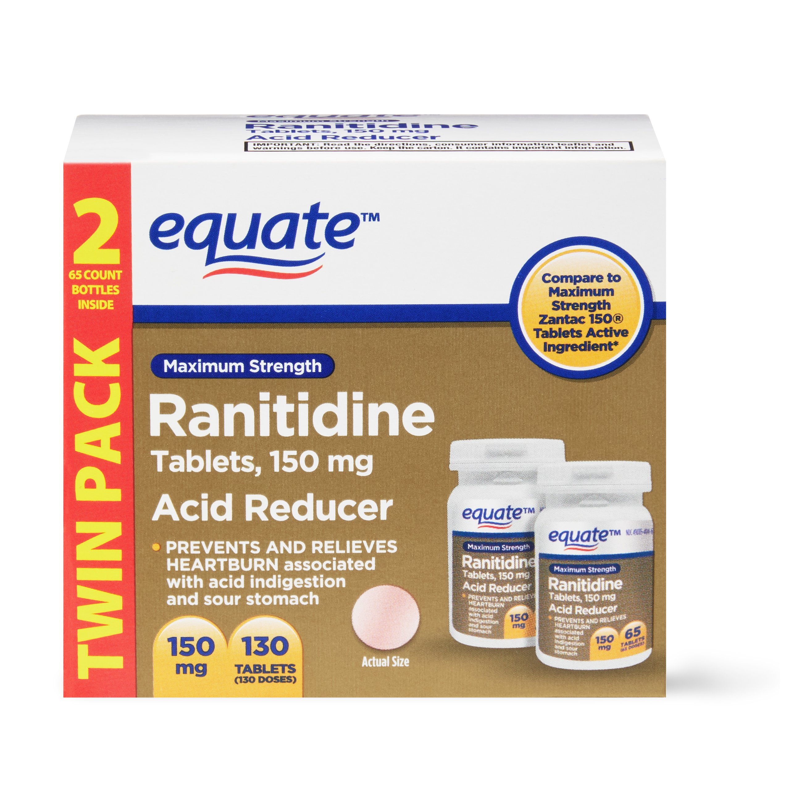 Equate Ranitidine Acid Reducer Tablets, Maximum Strength, 130 Count ...