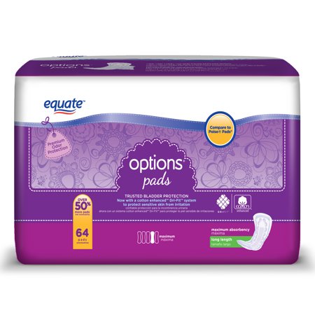 Equate Options Incontinence Pads for Women, Maximum, Long, 64 Ct ...